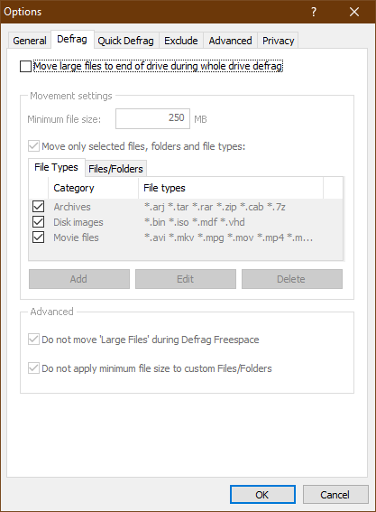 Defraggler options - Defrag tab