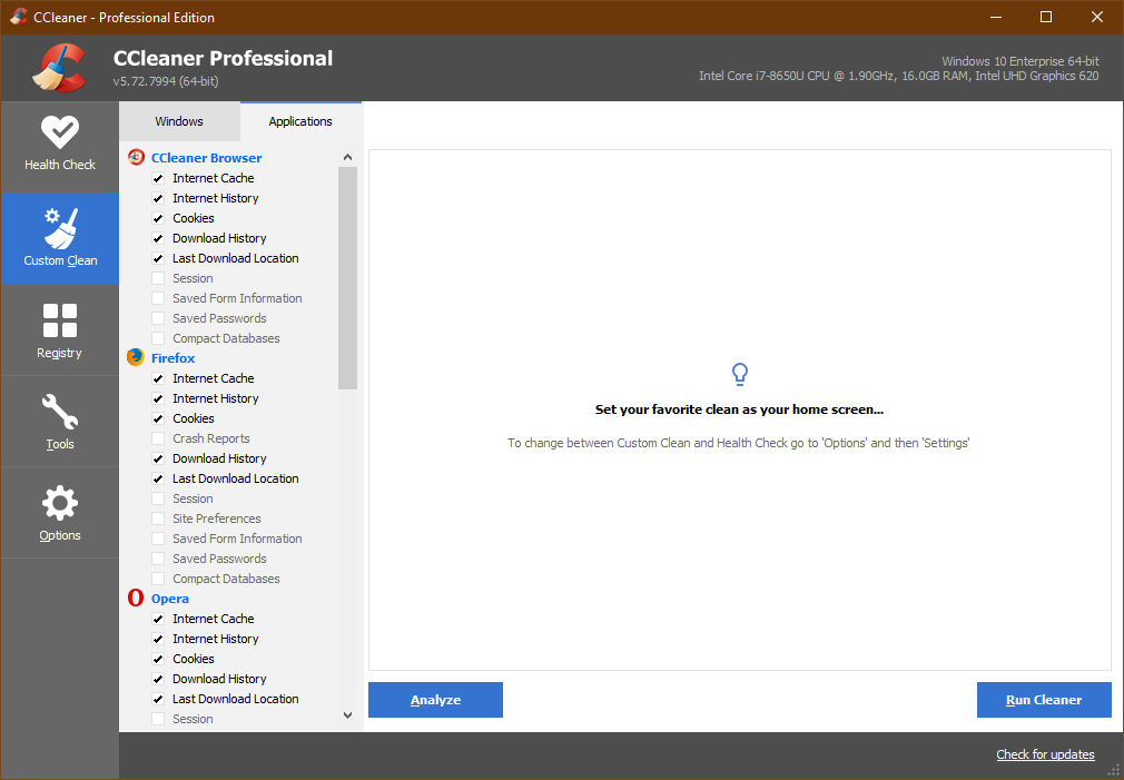 Applications tab for CCleaner for Windows
