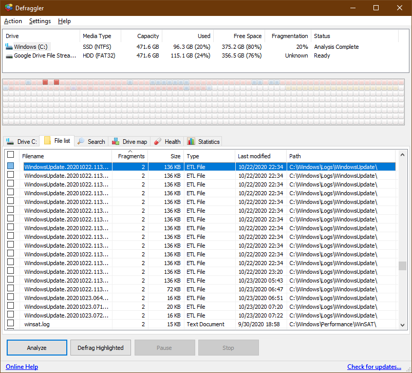 Analyzing a drive with Defraggler