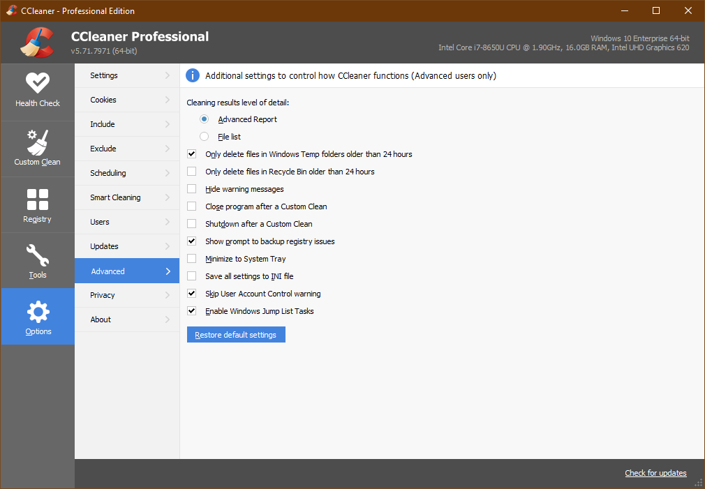 Change advanced settings in CCleaner for Windows