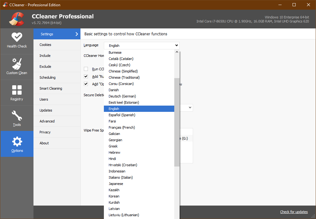 Change the language in CCleaner for Windows