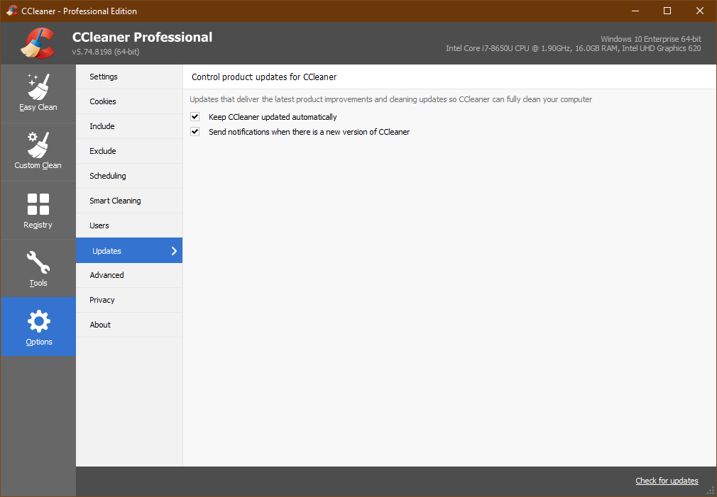 Change update settings in CCleaner for Windows