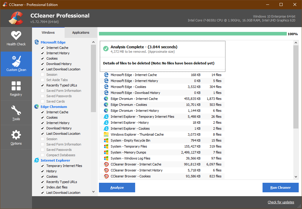 Custom Clean's analysis and results function