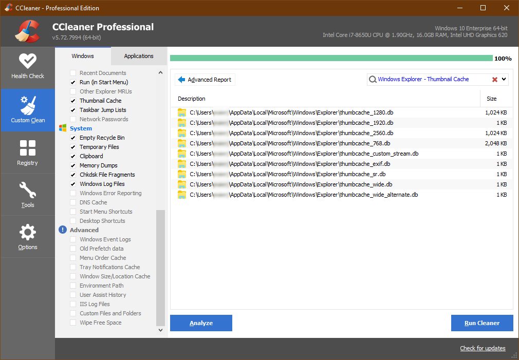 Custom Clean's detailed results function