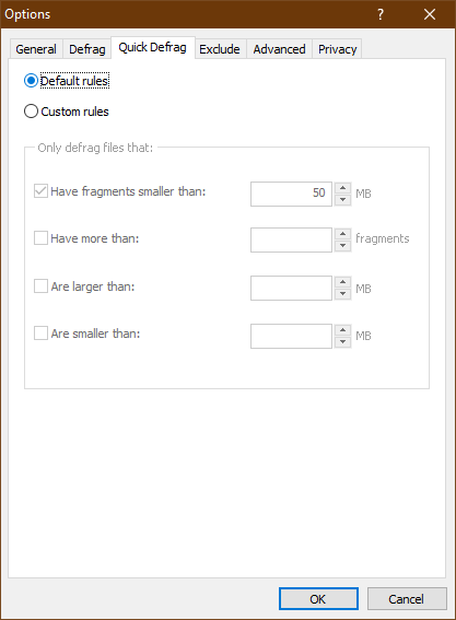 Defraggler options - Quick Defrag tab