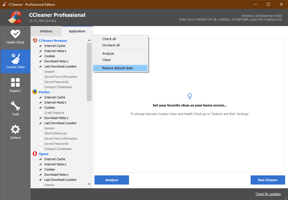 How do I restore CCleaner's default settings?