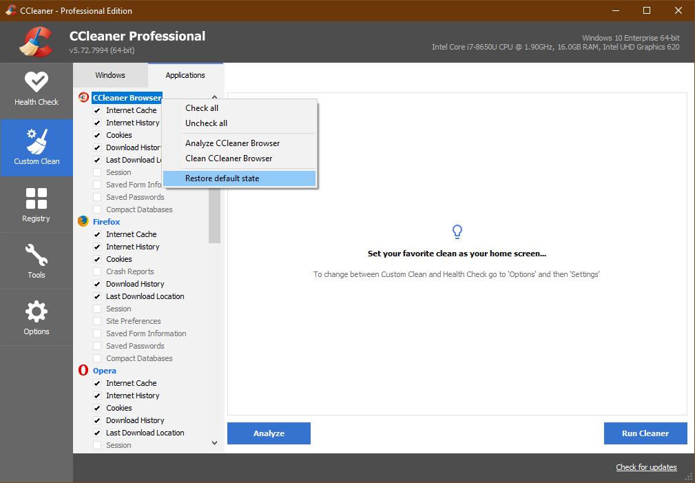 How do I restore CCleaner's default settings?