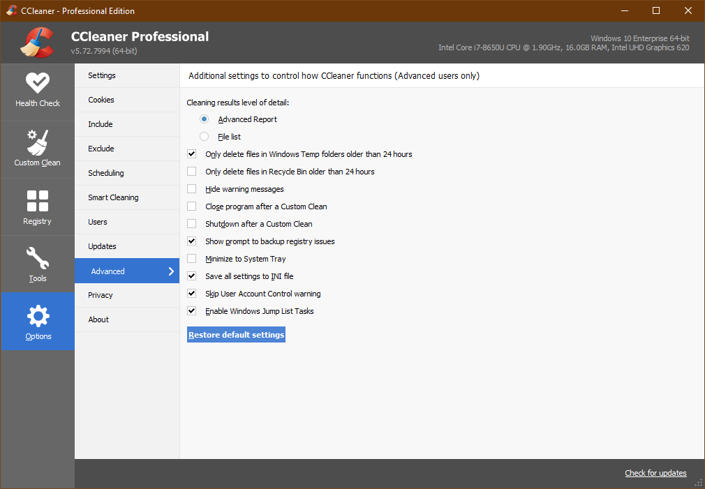 How do I restore CCleaner's default settings?