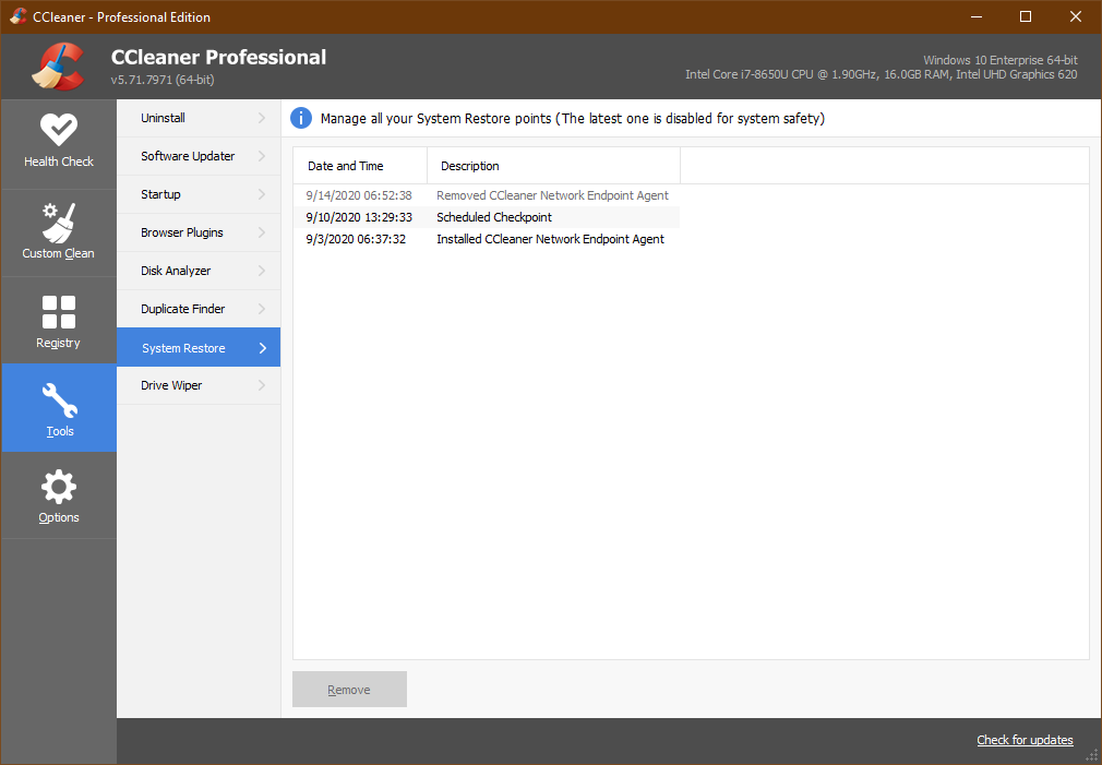 Remove System Restore points in CCleaner for Windows