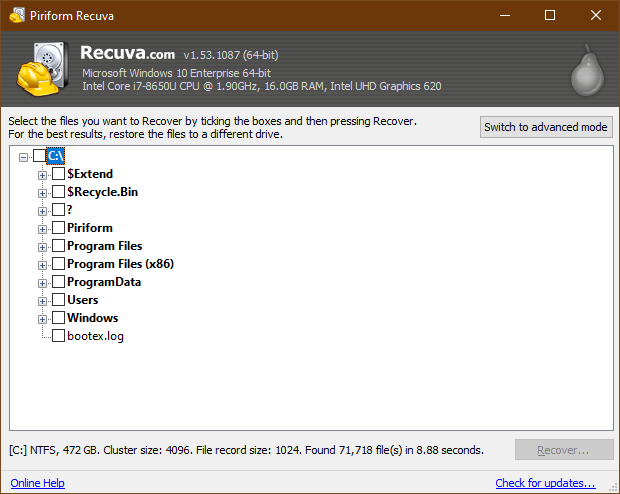Using Recuva's Advanced Mode