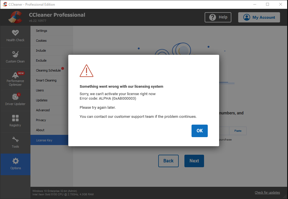 Activation errors in CCleaner for Windows