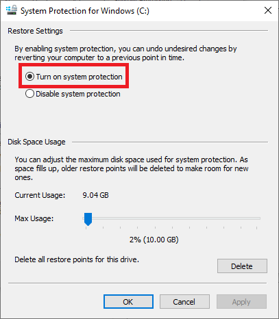 Enabling system protection on Windows devices