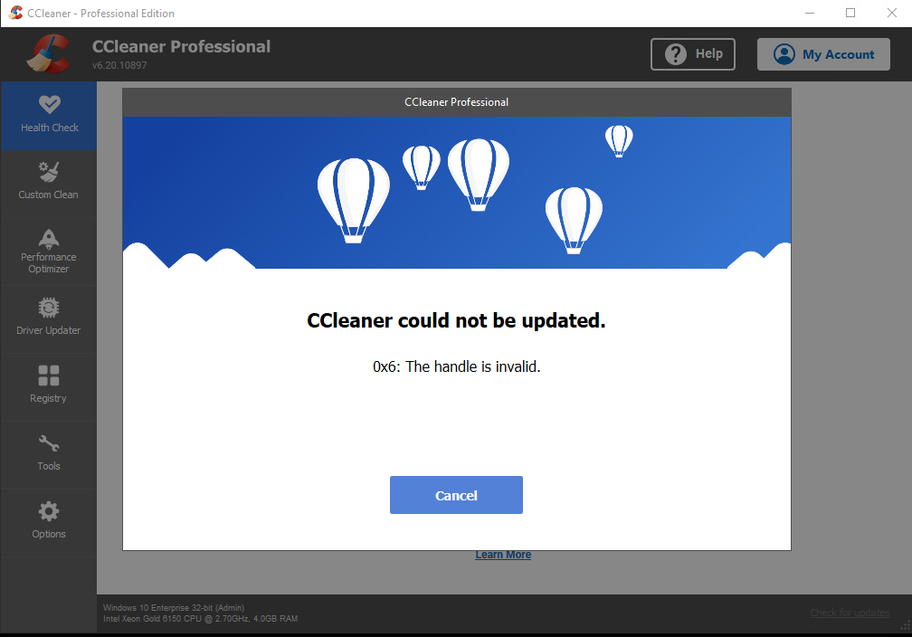 Message: "0x6: The handle is invalid" appears when I update CCleaner