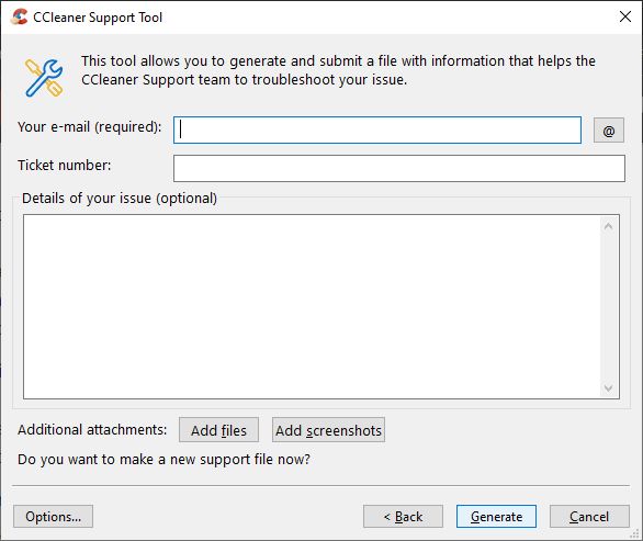 Collecting information via CCleaner Support Tool